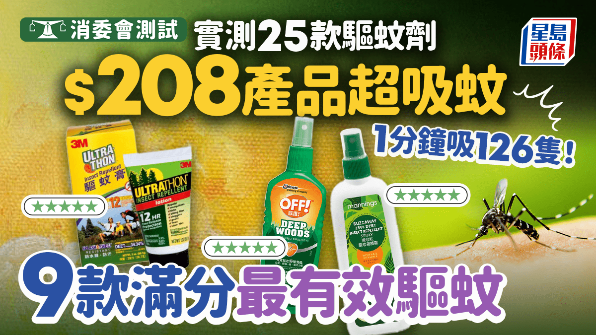 消委會驅蚊劑｜真人實測25款！$208產品1分鐘吸126隻蚊 9款滿分最有效驅蚊 3M萬寧獲推介